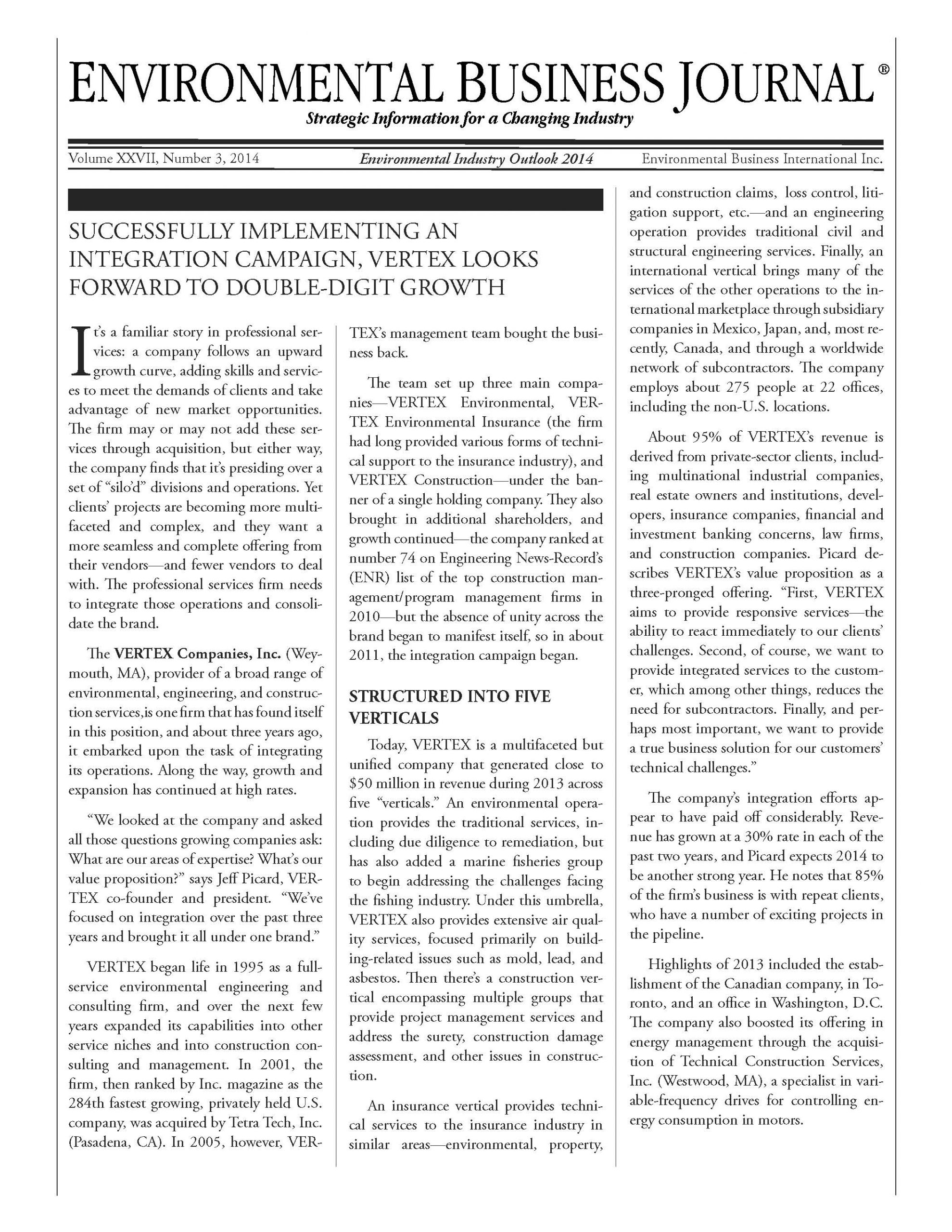Environmental Business Journal Features VERTEX in 2014 Industry Outlook ...