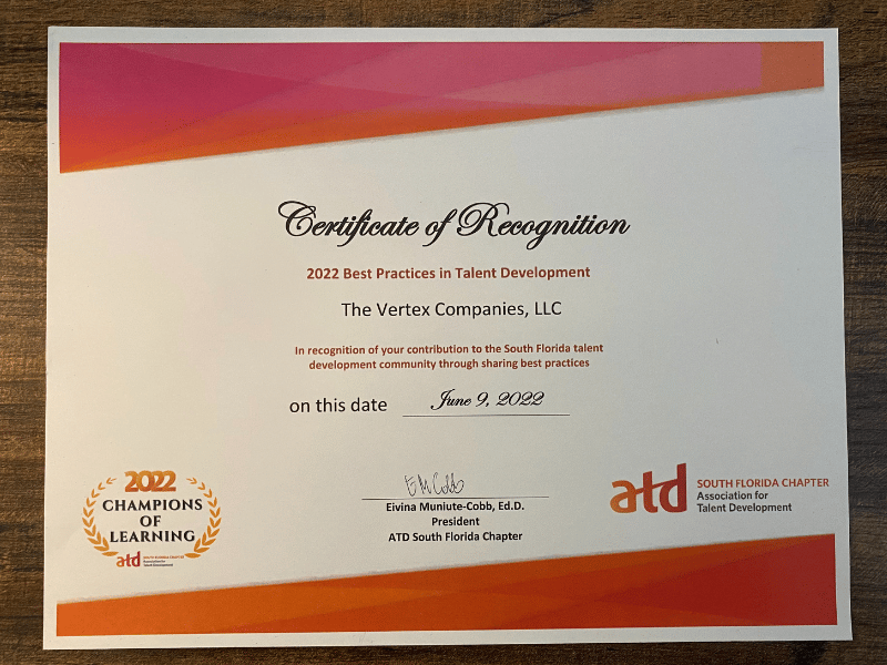 Certificate Received for VERTEX in Talent Development